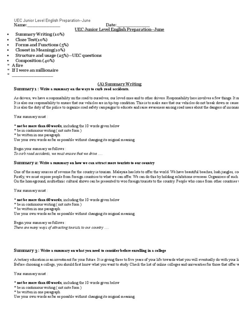 UEC Junior English Preparation Worksheet--June Exam Tips | PDF ...