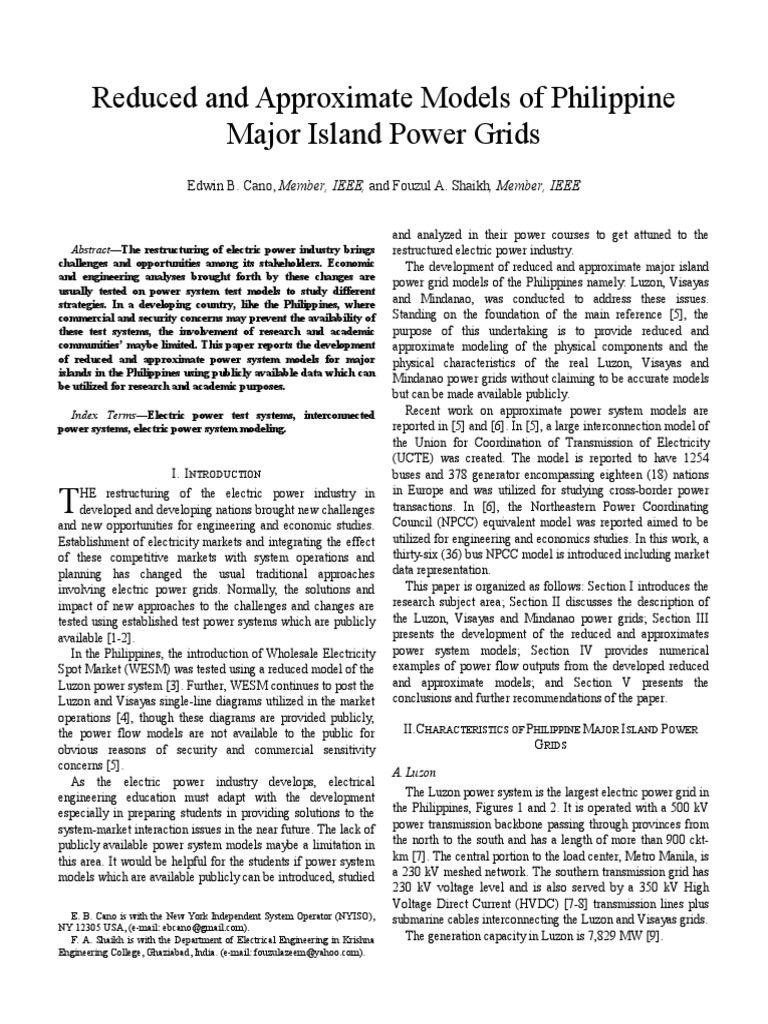 Reduced and Approximate Models of Philippine Major Island Power Grids ...