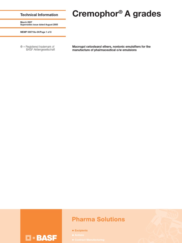 Cremophor A Grades | PDF | Emulsion | Solution