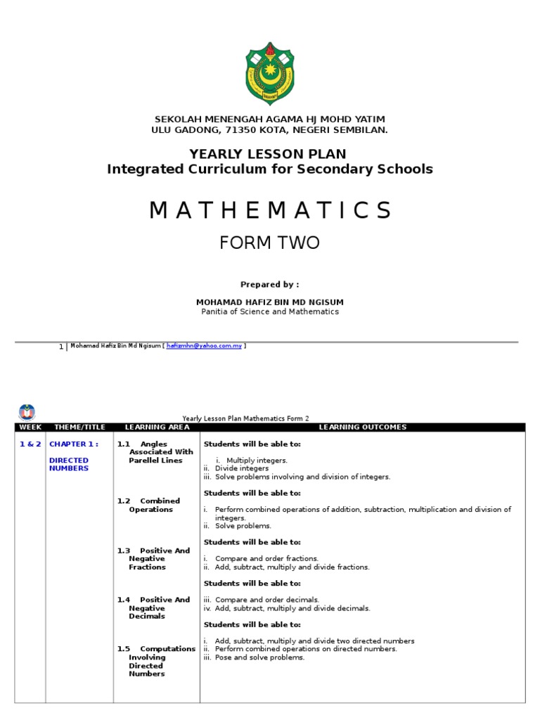 Yearly Mathematics Lesson Plan Form 2 | PDF | Circle | Equations