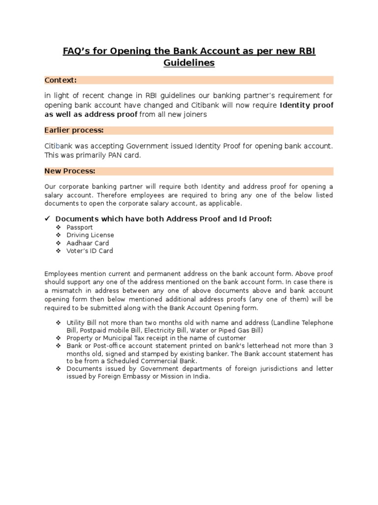 FAQ's For Opening The Bank Account As Per New RBI Guidelines | PDF ...
