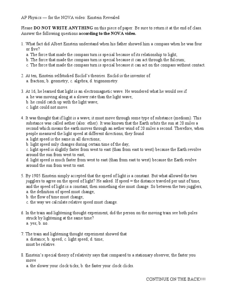 NOVA Eistein Revealed Worksheet | PDF | Speed Of Light | General Relativity