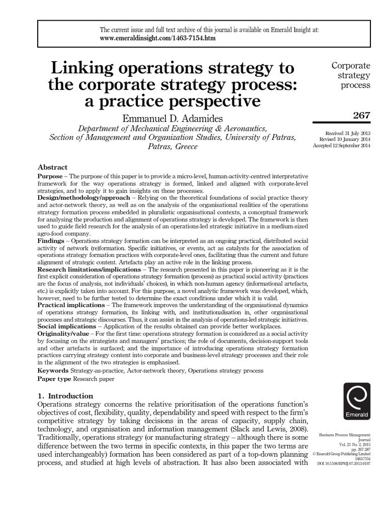 Linking Operations Strategy To The Corporate Strategy Process A ...