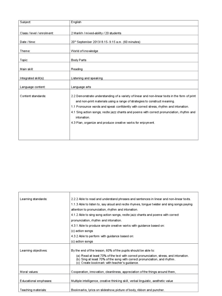 Body Parts Lesson Plan | Download Free PDF | Reading (Process) | Lesson ...