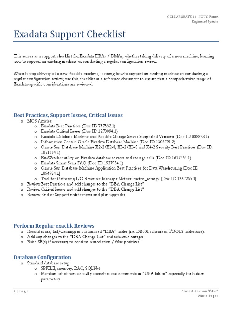 Exadata Support Checklist | PDF | Oracle Database | Computer Network