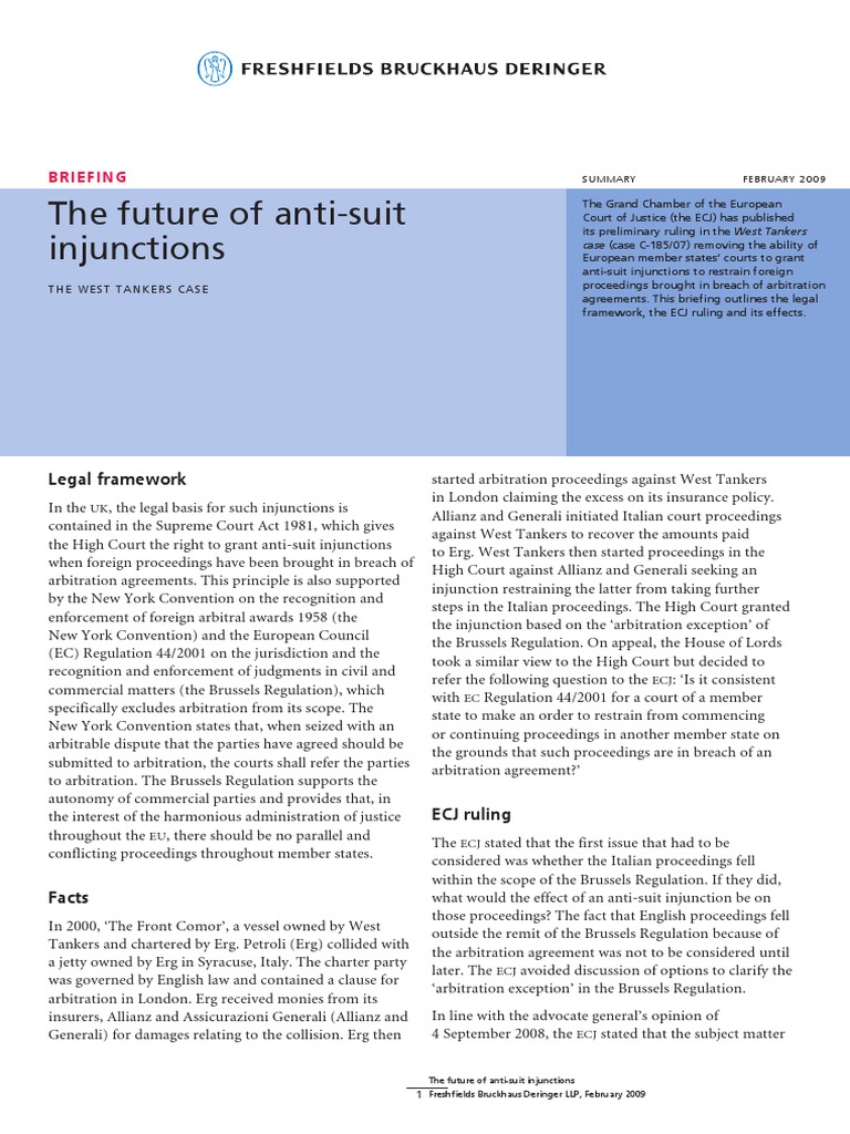 The Future of Anti-Suit Injunctions The West Tankers Case | PDF ...