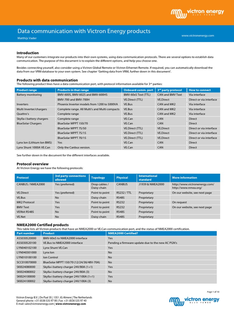 VICTRON Data Communication With VE Products Whitepaper Rev13 en | PDF ...