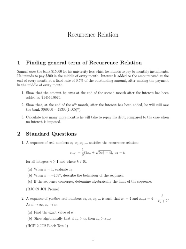 Recurrence Relations Pdf Sequence Recurrence Relation