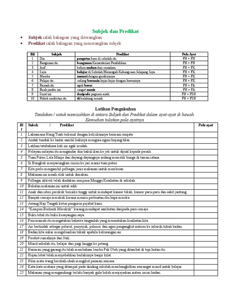 Latihan Subjek Dan Predikat | PDF