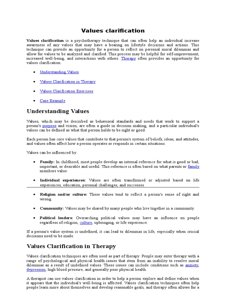 Values Clarification | PDF | Value (Ethics) | Psychotherapy
