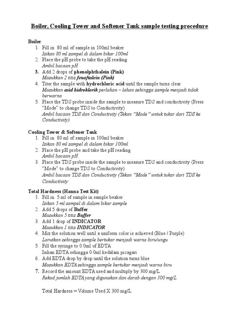 Boiler, Cooling Tower and Softener Tank Sample Testing Procedure | PDF ...