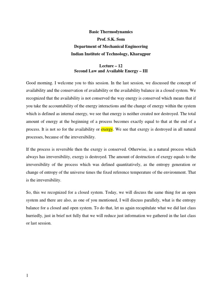 Lec12-Nptel Notes | PDF | Exergy | Entropy