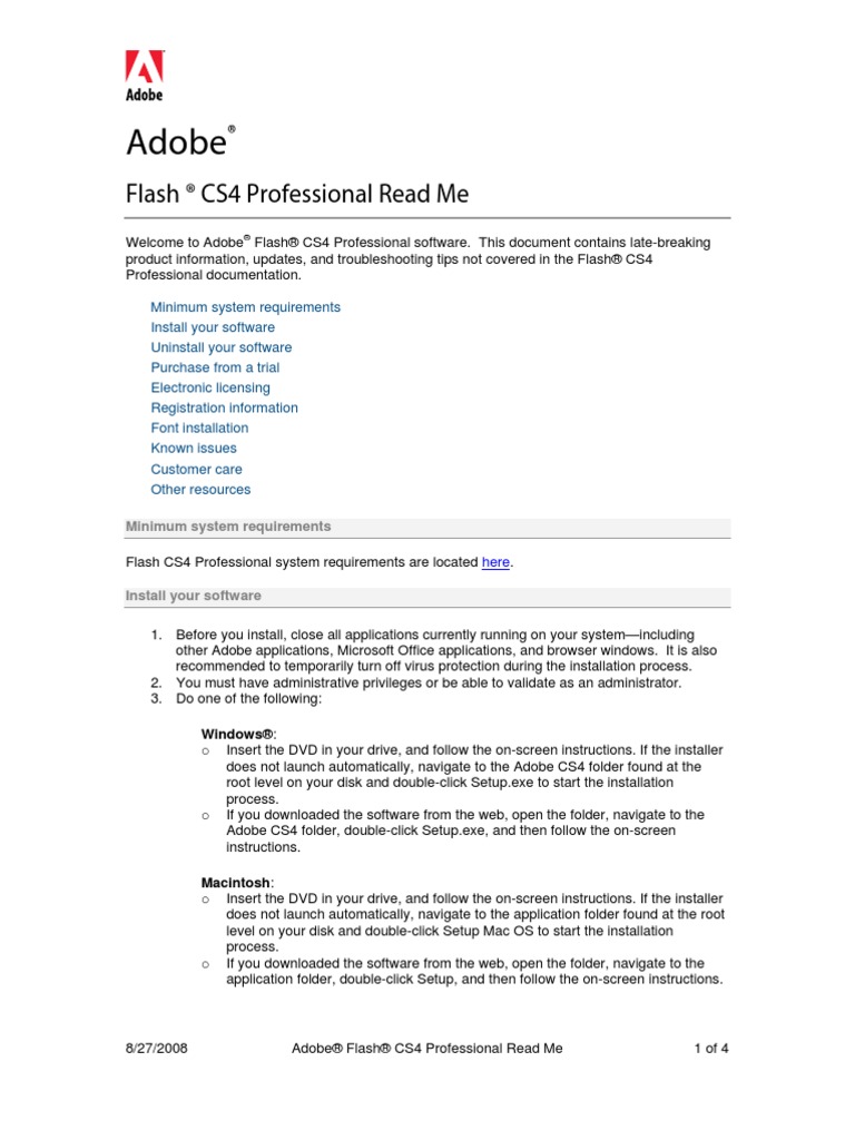 Adobe Flash CS4 Professional Read Me | PDF | Computers