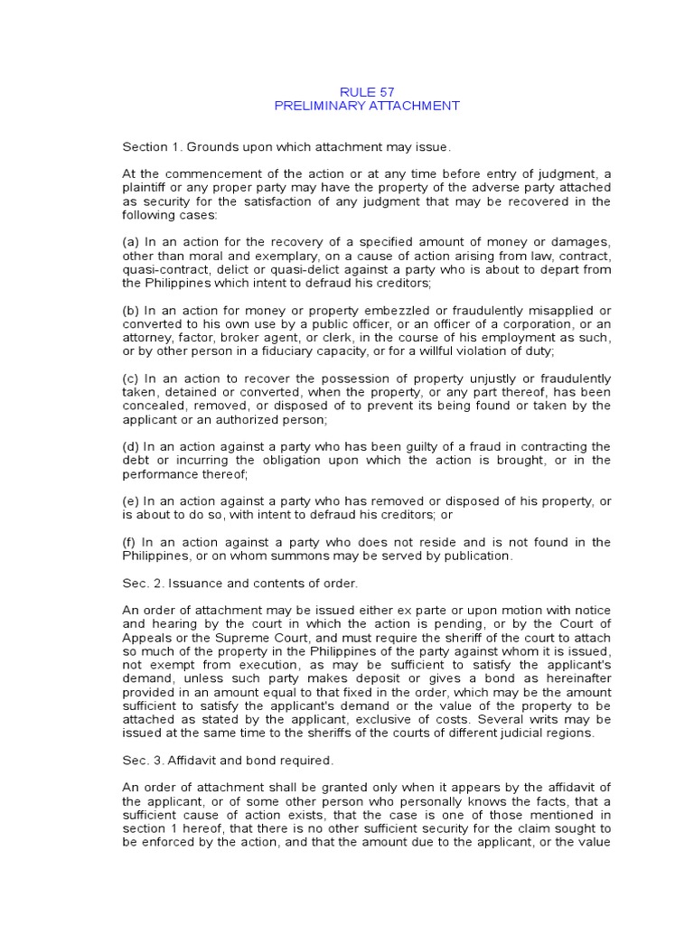 Preliminary Attachment Rule 57 | PDF | Bail | Judgment (Law)
