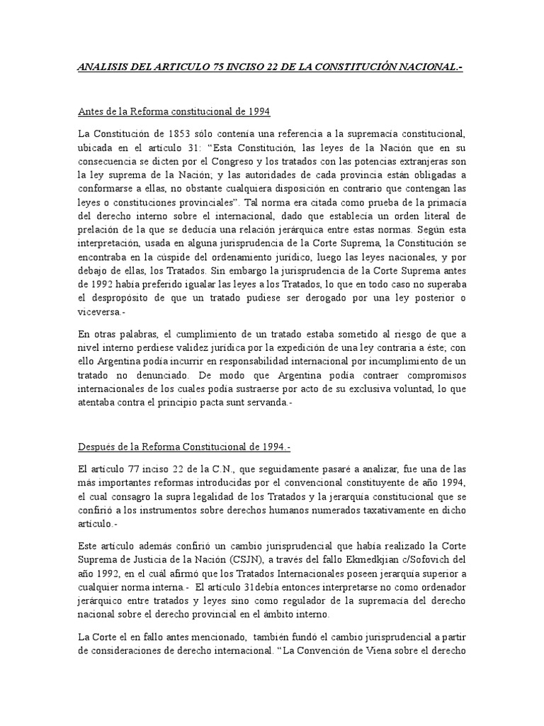 Analisis Del Articulo 75 Inciso 22 de La Constitución Nacional ...