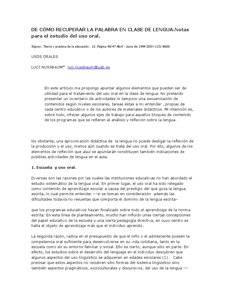 Uso Oral en la Clase de Lengua | PDF