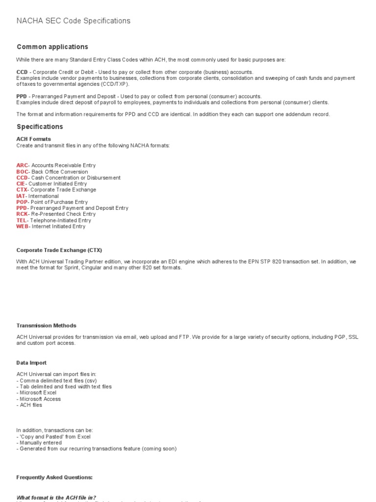 ACH (NACHA) File Format Specifications | PDF | Payments | Financial ...