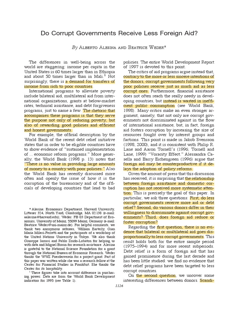 Do Corrupt Gov Receive Less Foreign Aid - Alesina - Weder - 1999 | PDF ...
