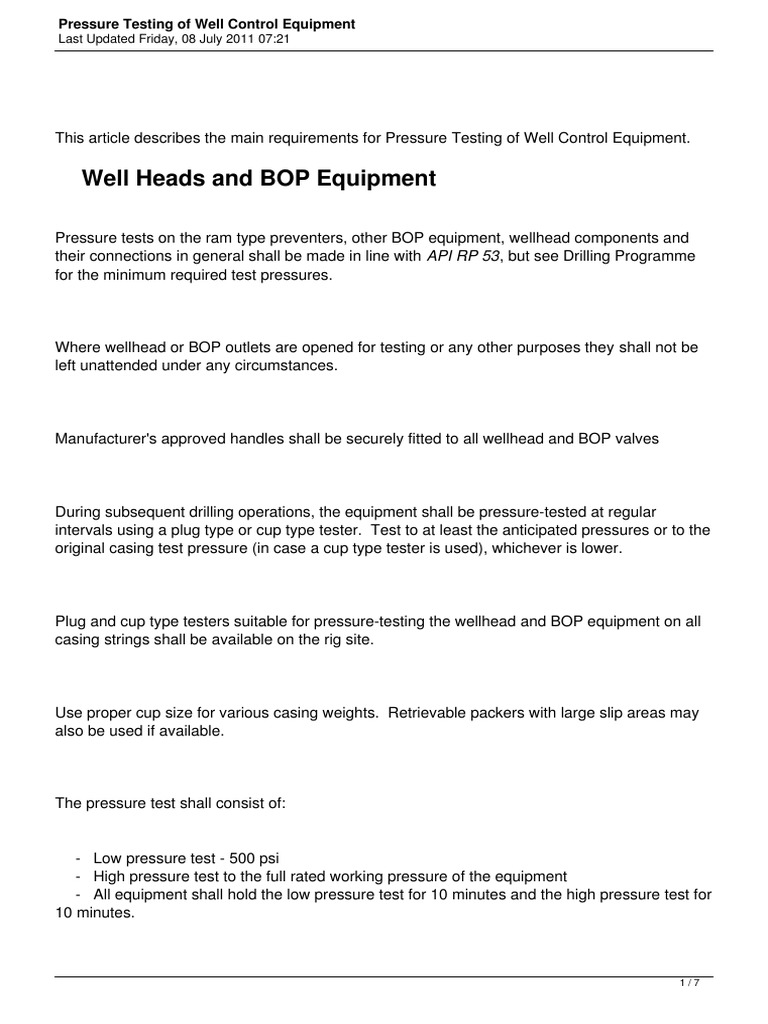 Pressure Testing of Well Control Equipment | PDF | Casing (Borehole ...