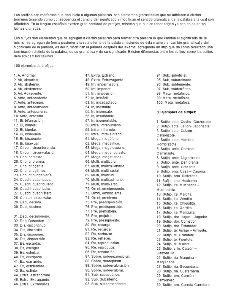 Prefijos y Subfijos | PDF | Palabra | Vocabulario