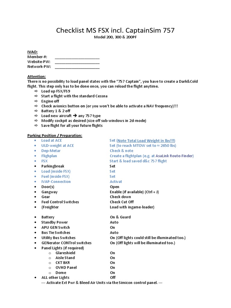 Checklist B757 CaptainSim | PDF | Payload | Aircraft