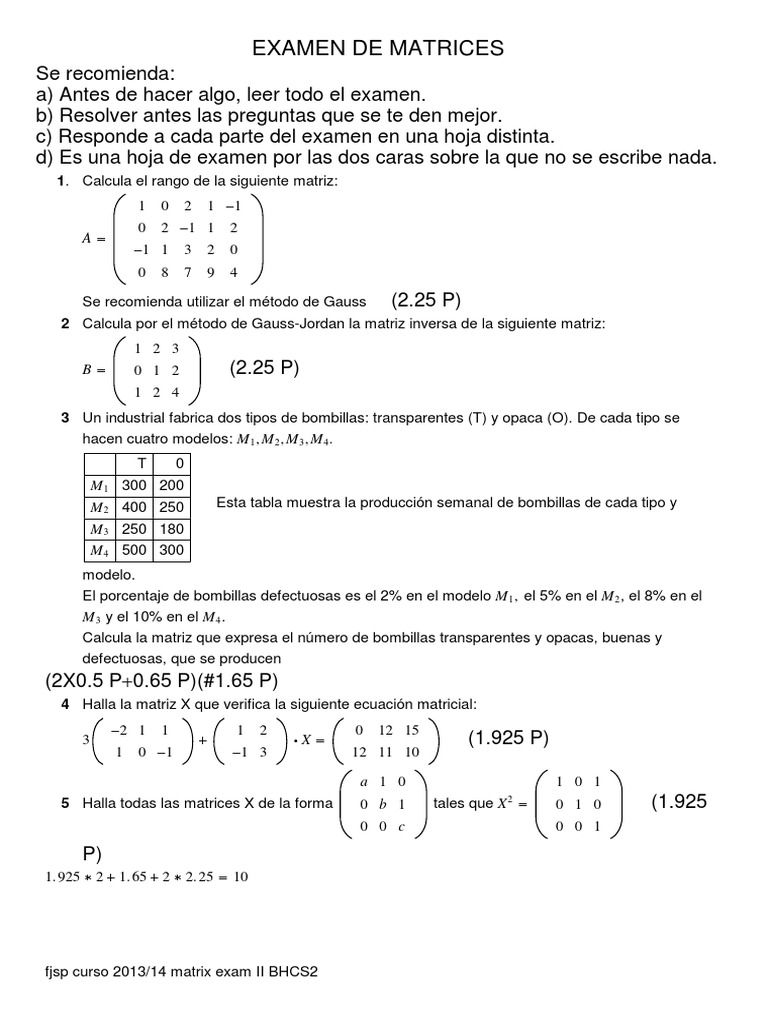 Examen de Matrices II | PDF | Matriz (Matemáticas) | Matemáticas Aplicadas