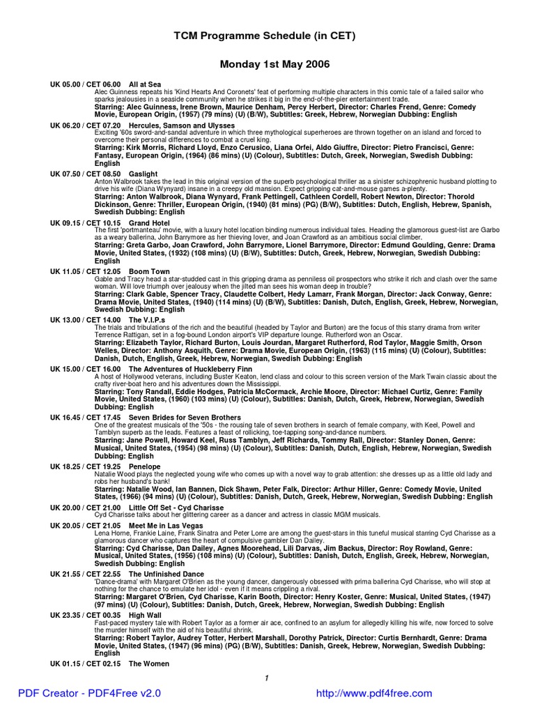 TCM Programme Schedule (In CET) Monday 1st May 2006 | PDF ...