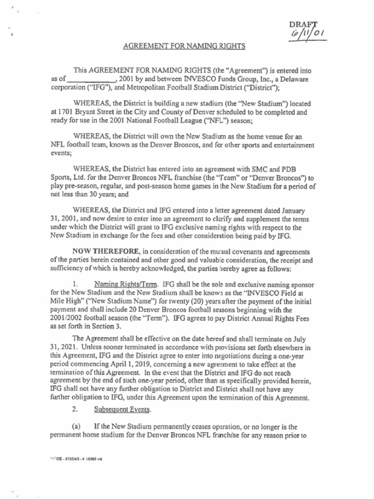 Naming Rights Agreement - Original 2001 | PDF
