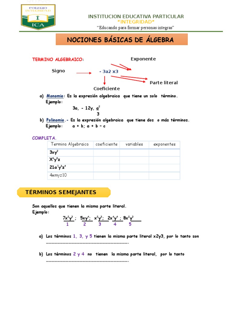 Hoja De Trabajo Sobre Las Partes De Una Expresión Algebraica Completa