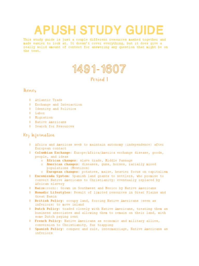 Apush Study Guide: Period 1 | Download Free PDF | American Civil War ...