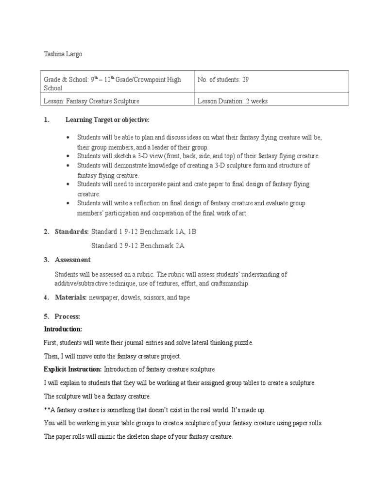 Fantasy Creature Sculpture Lesson Plan | PDF | Rubric (Academic) | Teaching