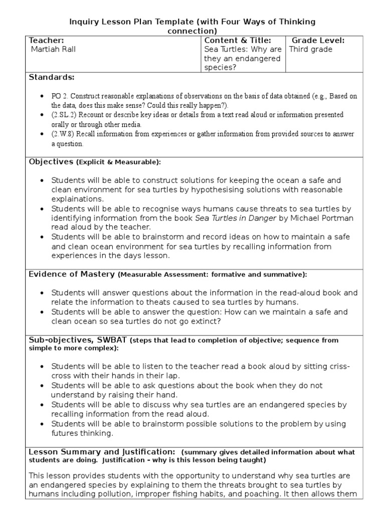 Inquiry Lesson Plan Template (With Four Ways of Thinking Connection ...