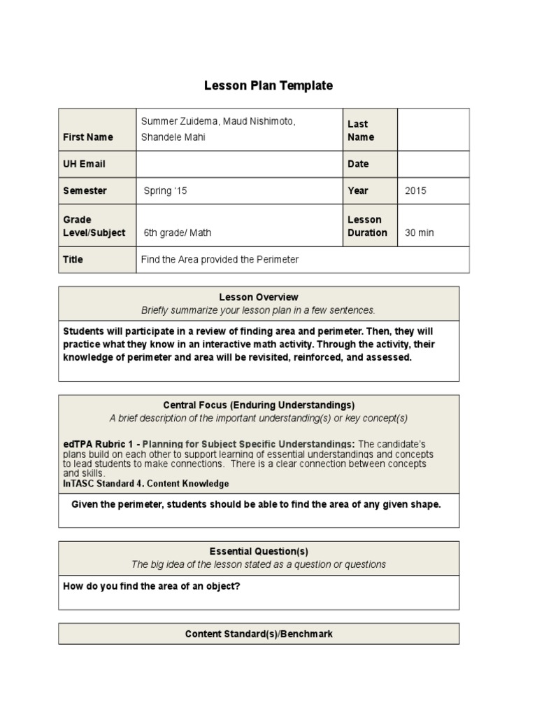 Area from Perimeter Lesson Plan | PDF | Educational Assessment | Rubric ...