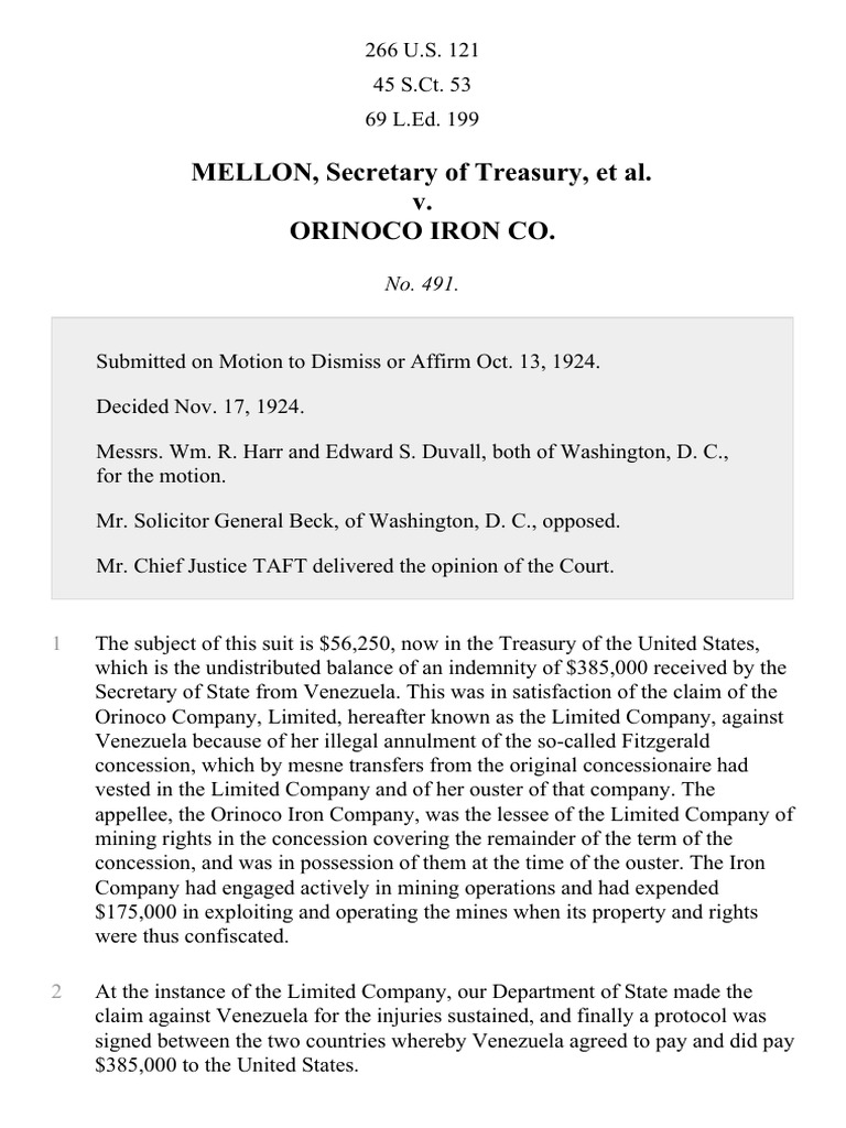 Mellon v. Orinoco Iron Co., 266 U.S. 121 (1924) | PDF | Equity (Law ...