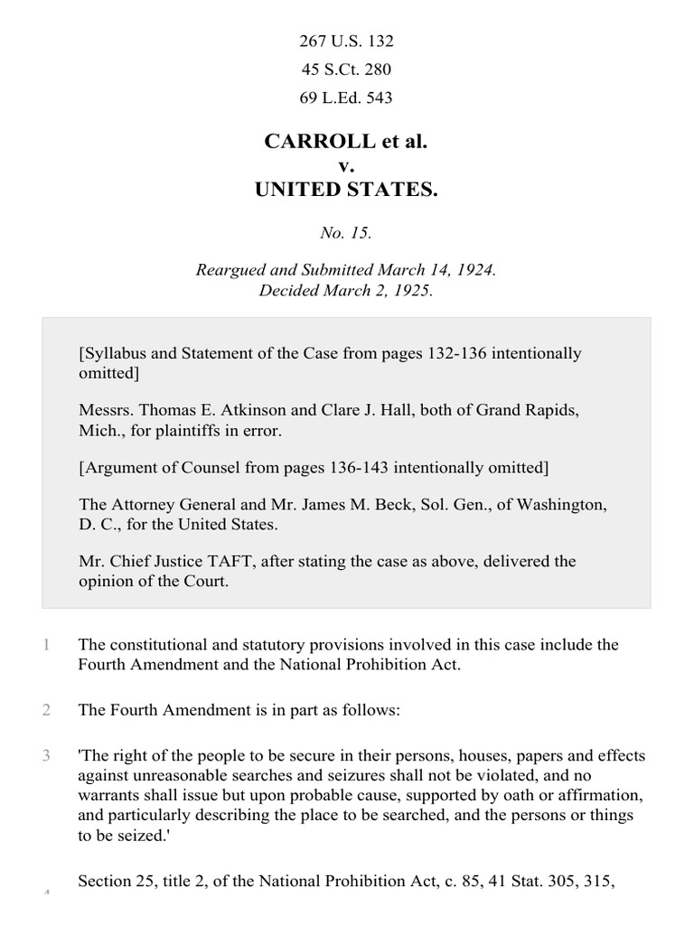 Carroll v. United States, 267 U.S. 132 (1925) | Search And Seizure ...