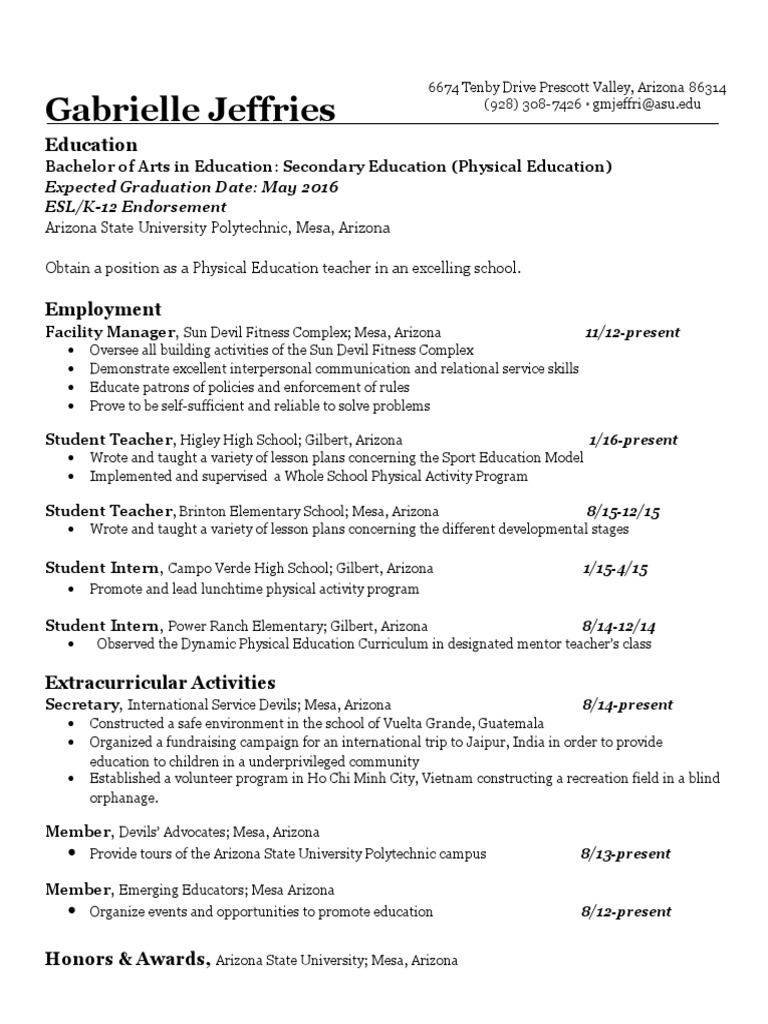 Gabrielle Jeffries: Physical Education Resume | PDF