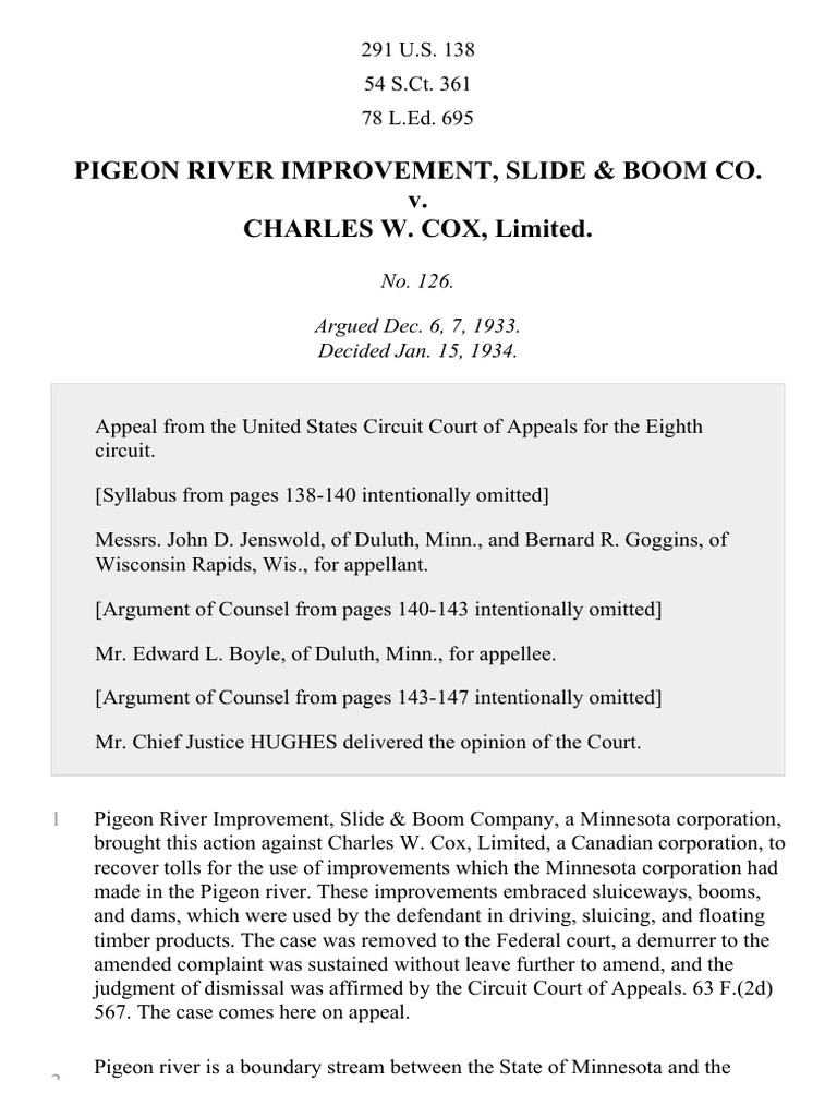 Pigeon River Co. v. Cox Co., 291 U.S. 138 (1934) | PDF | Treaty | U.S ...