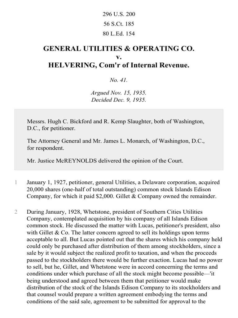 General Util. & Operating Co. v. Helvering, 296 U.S. 200 (1935) | PDF ...