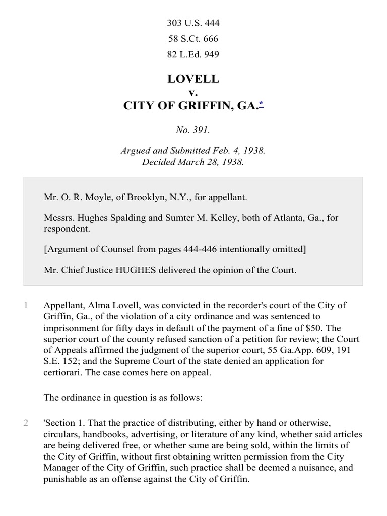Lovell v. City of Griffin, 303 U.S. 444 (1938) | Fourteenth Amendment ...