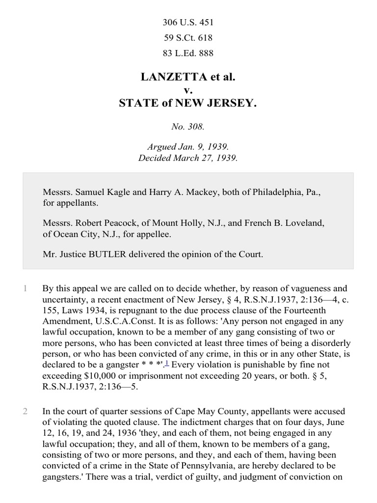Lanzetta v. New Jersey, 306 U.S. 451 (1939) | PDF | Supreme Court Of ...