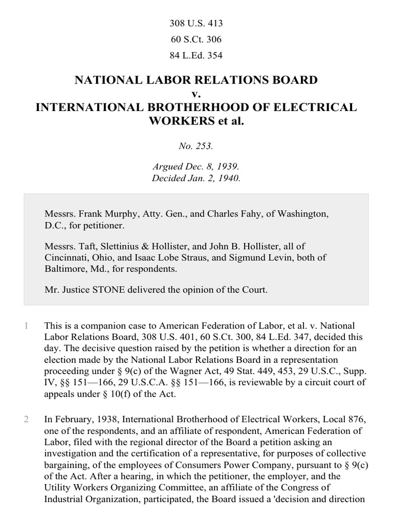 Labor Board v. Int. Brotherhood, 308 U.S. 413 (1940) | PDF | National Labor Relations Board ...