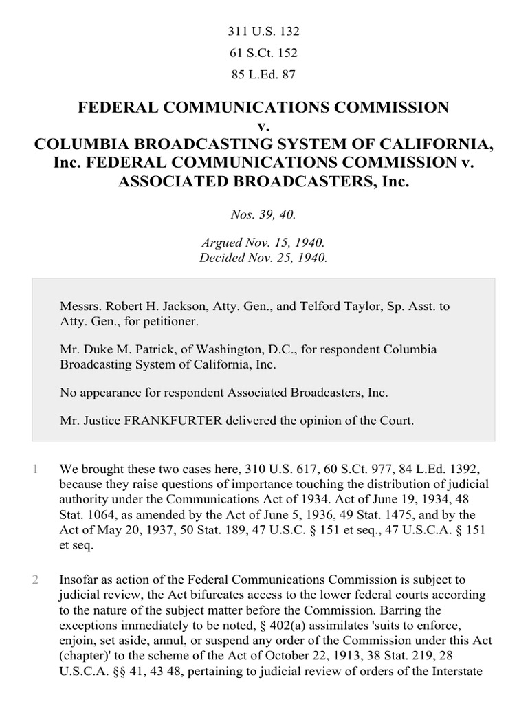 FCC v. Columbia Broadcasting System of Cal., Inc., 311 U.S. 132 (1940 ...