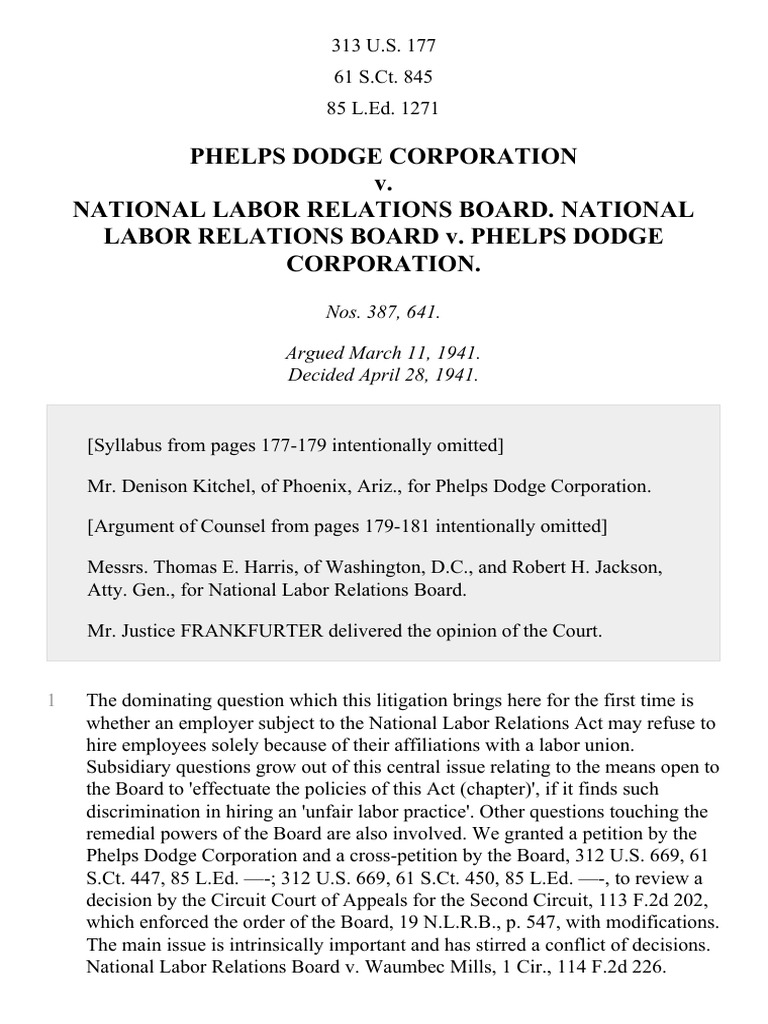 Phelps Dodge Corp. v. NLRB, 313 U.S. 177 (1941) | PDF | National Labor ...