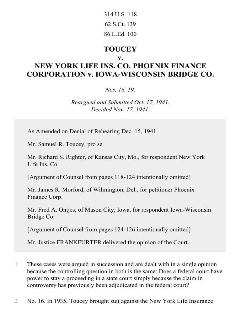 Toucey v. New York Life Ins. Co., 314 U.S. 118 (1941) | PDF | Supreme ...