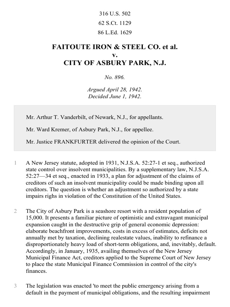 Faitoute Iron & Steel Co. v. Asbury Park, 316 U.S. 502 (1942) | PDF ...