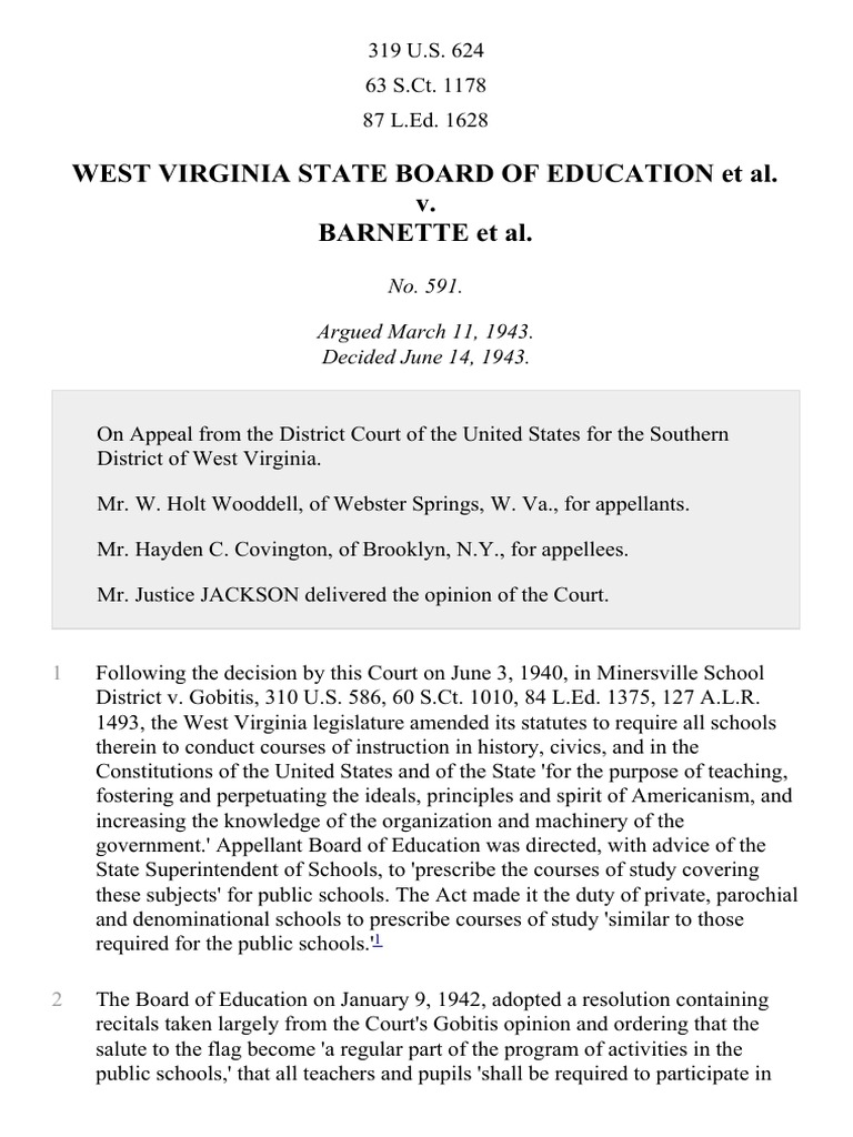 West Virginia Bd. of Ed. v. Barnette, 319 U.S. 624 (1943) | PDF ...