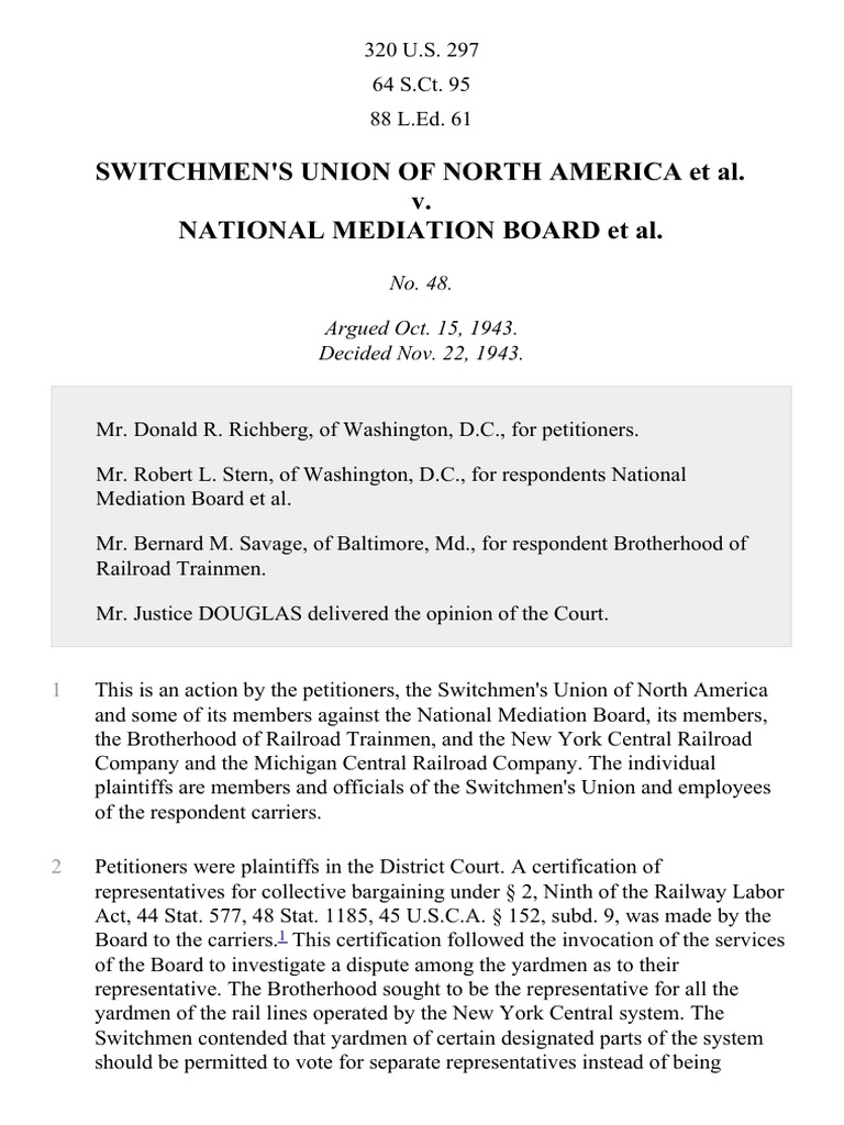 Switchmen's Union v. Board, 320 U.S. 297 (1943) | PDF | Railway Labor ...