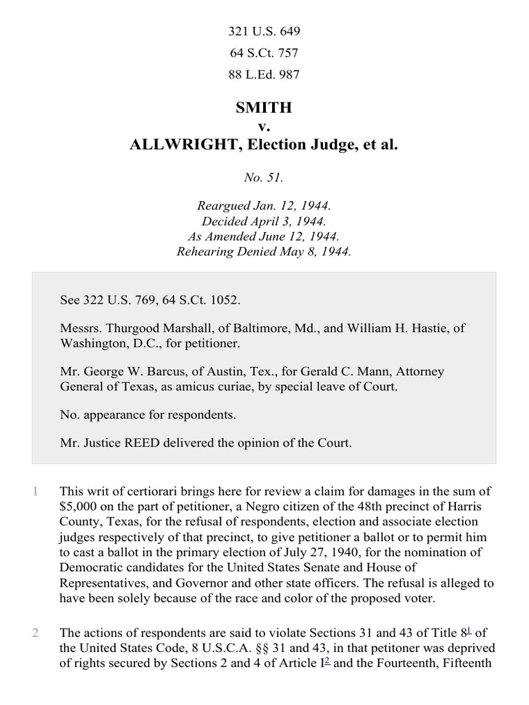 Smith v. Allwright, 321 U.S. 649 (1944) | PDF | Fourteenth Amendment To ...
