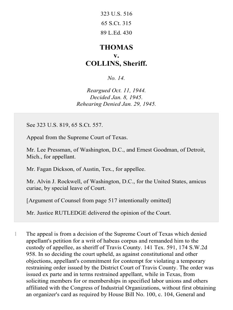 Thomas v. Collins, 323 U.S. 516 (1945) | PDF | First Amendment To The ...