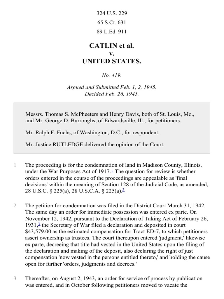 Catlin v. United States, 324 U.S. 229 (1945) | Eminent Domain ...